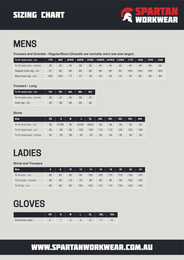Size Chart - Spartan Safety Workwear - Quality Australian Workwear & PPE
